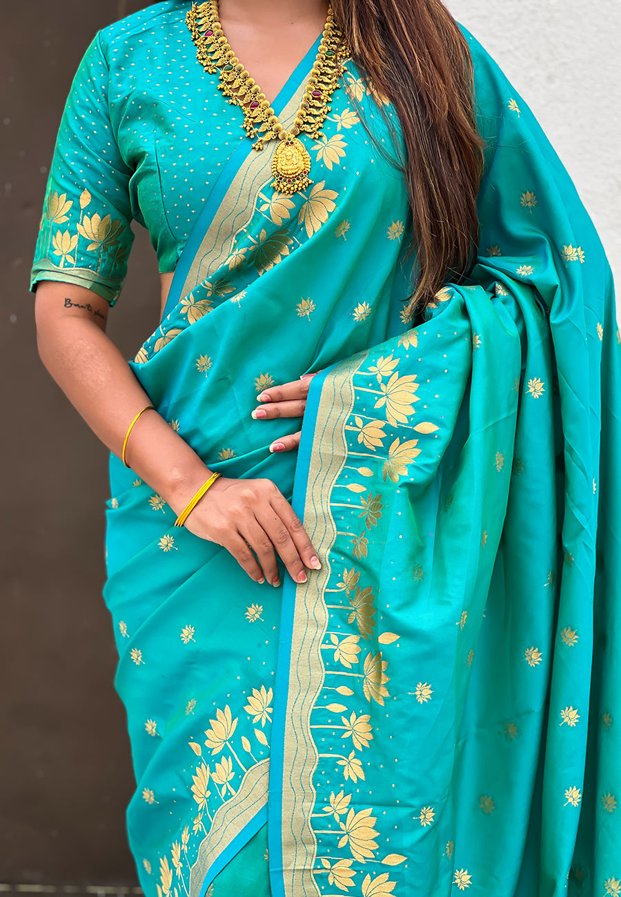 Aqua Blue Zari Woven Pichwai Silk Saree – Elite Weaves
