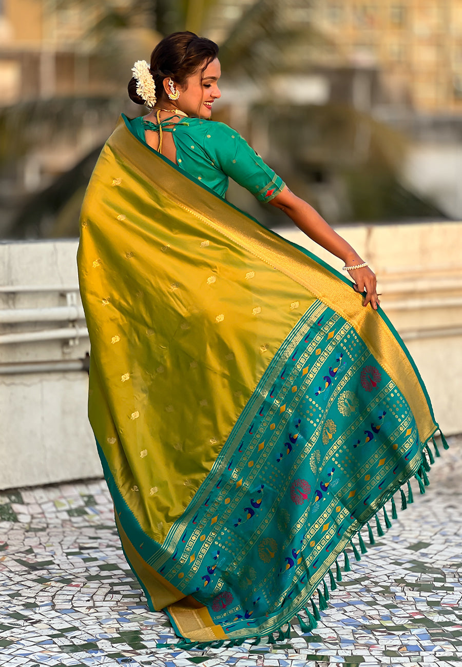 Mehendi Green Paithani Silk Saree with Muniya Satin Border – Elite Weaves