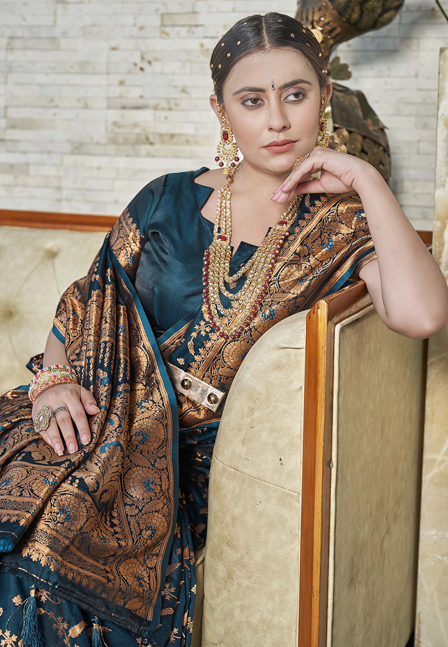 Deep Blue Banarasi Jaal Katan Silk Zari Woven Saree – Elite Weaves