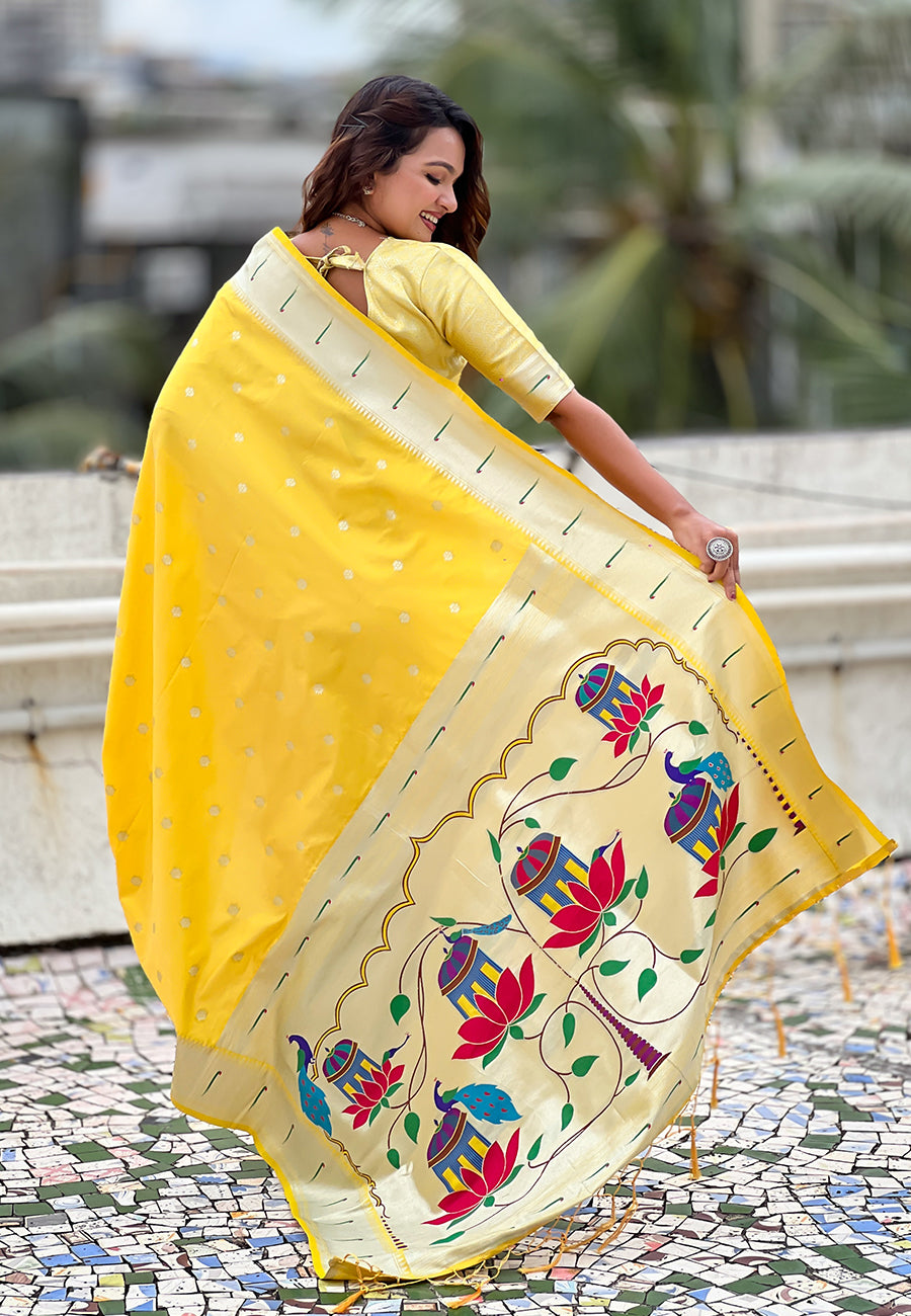 Yellow Pastel Zari Woven Peacock Lotus Paithani Silk Saree – Elite Weaves