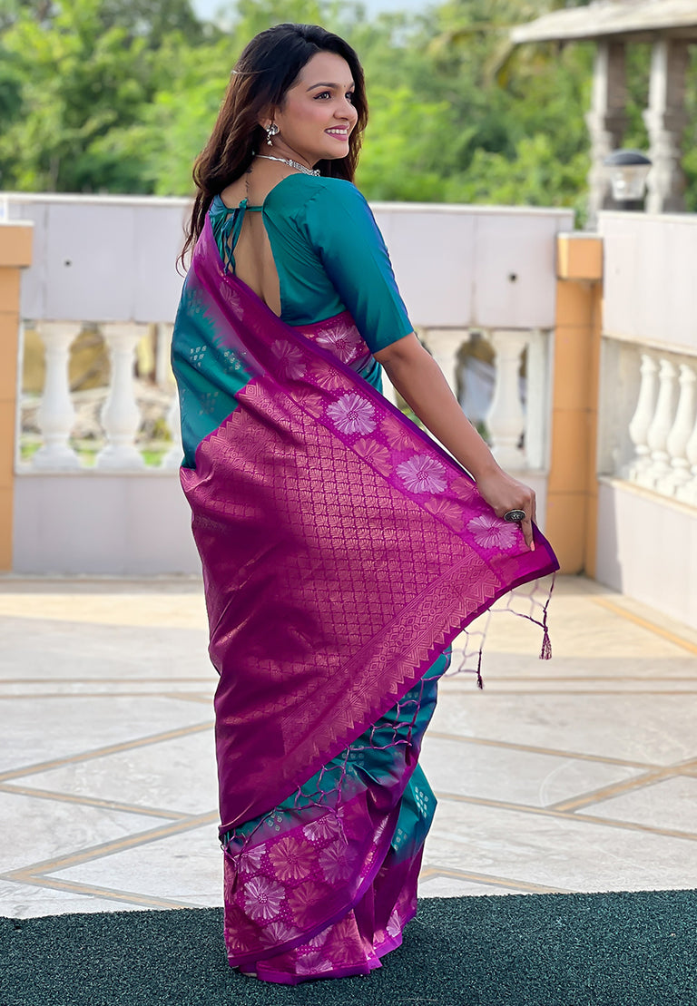 Green with Pink Soft Silk Floral Border Contrast Zari Woven Saree ...