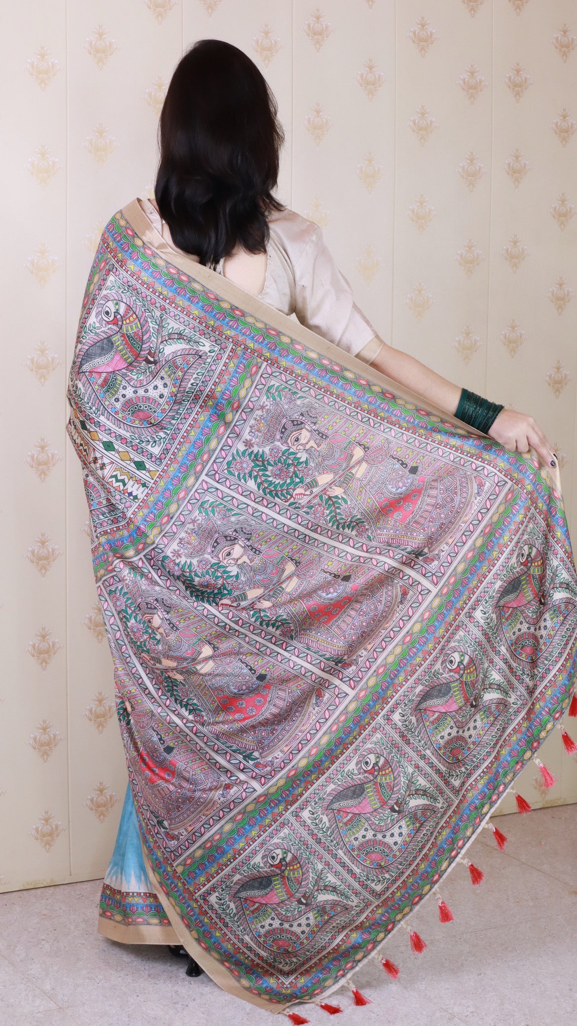 Sky Blue Tussar Silk Dusty Madhubani Printed Saree with Zari Woven Bor ...
