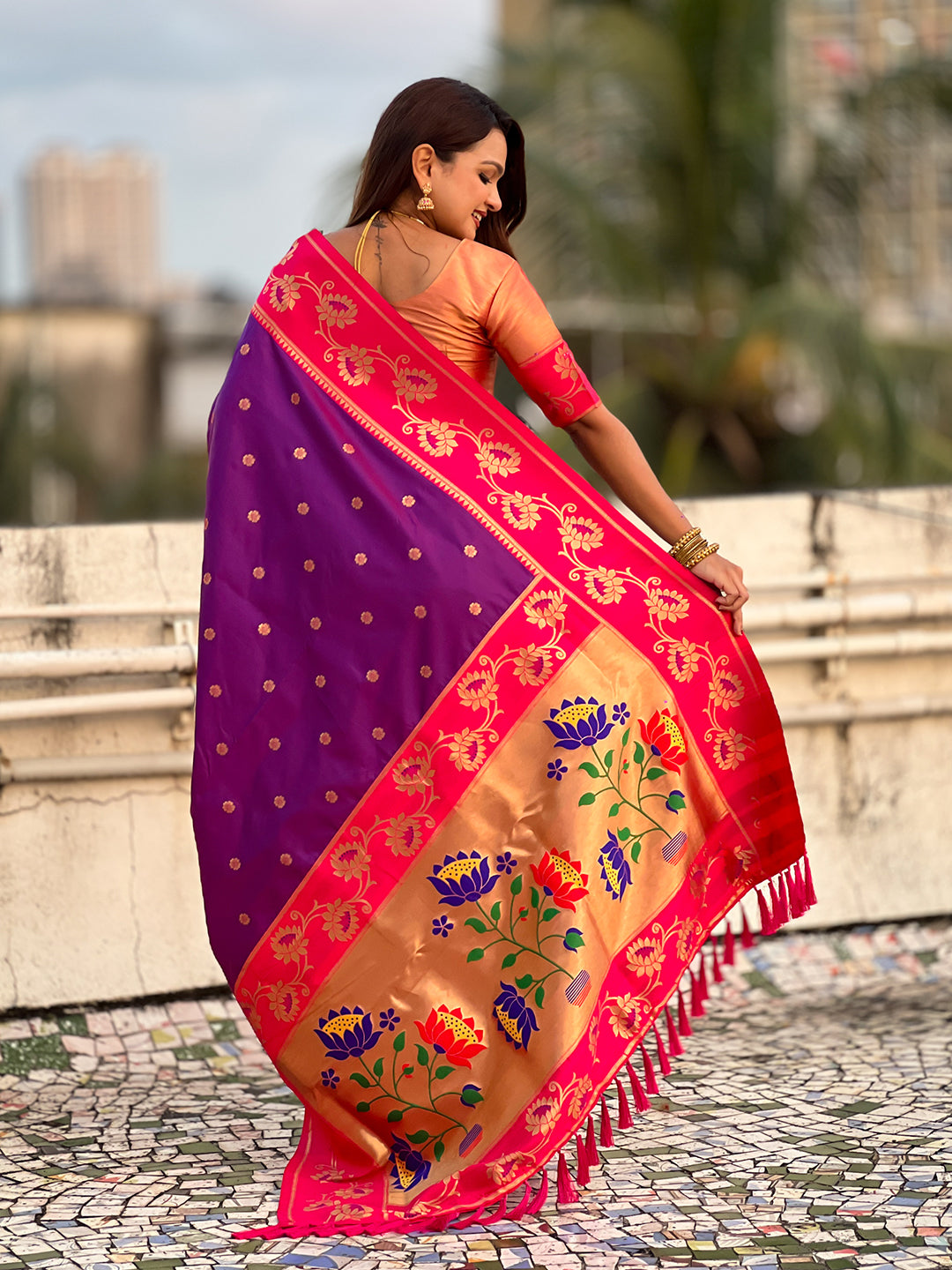 Purple with Pink Soft Silk Lotus Paithani Saree – Elite Weaves