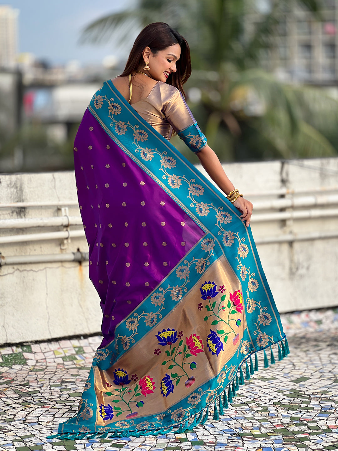 Purple with Rama Soft Silk Lotus Paithani Saree – Elite Weaves