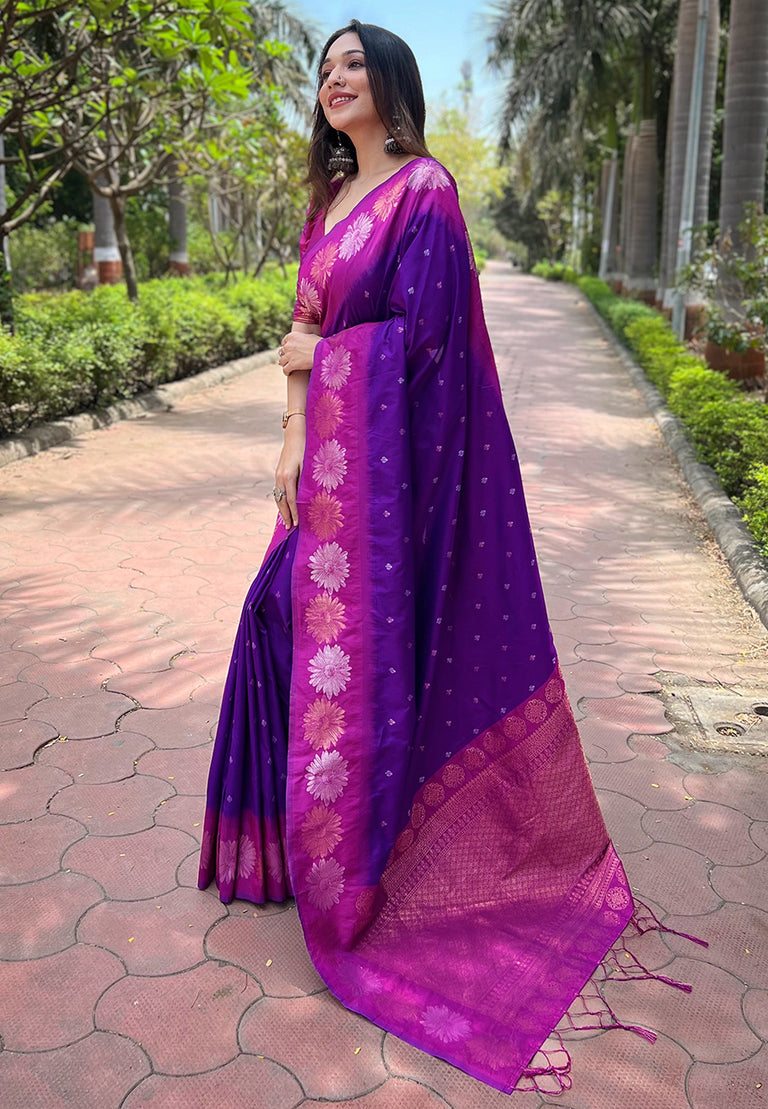 Purple Jam Soft Silk Floral Border Zari Woven Saree – Elite Weaves